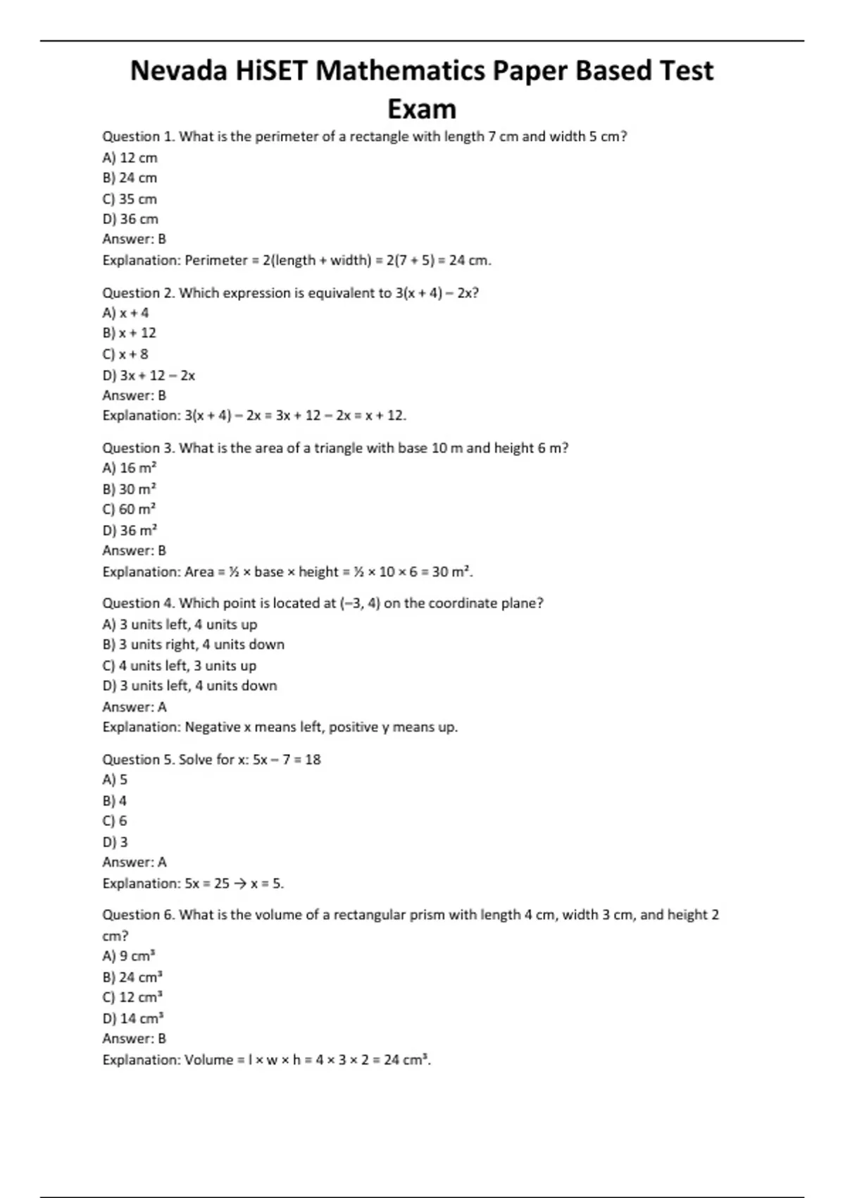 Nevada HiSET Mathematics Paper Based Test Exam - Computers - Stuvia US