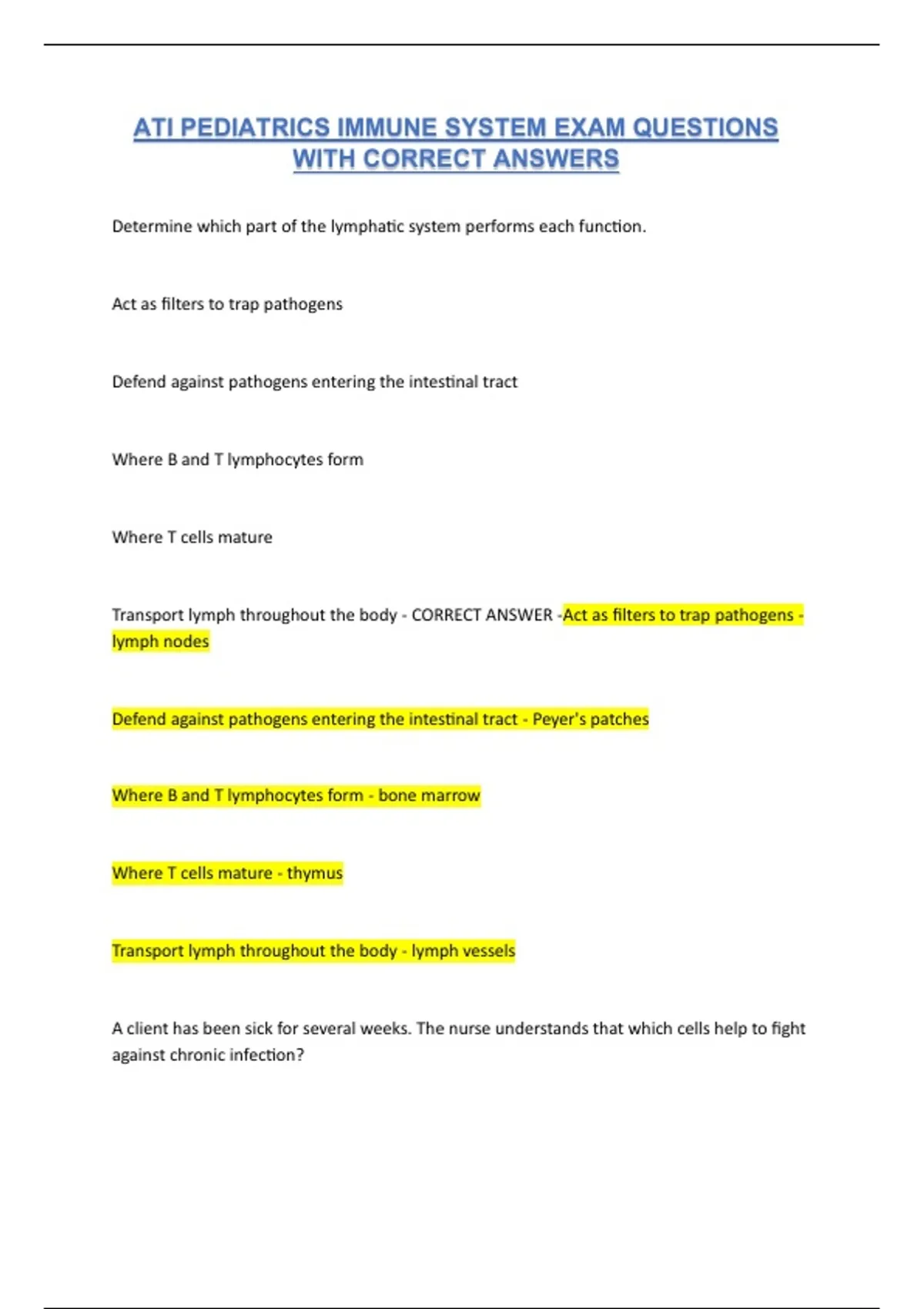 ATI PEDIATRICS IMMUNE SYSTEM EXAM QUESTIONS WITH CORRECT ANSWERS - PN ...