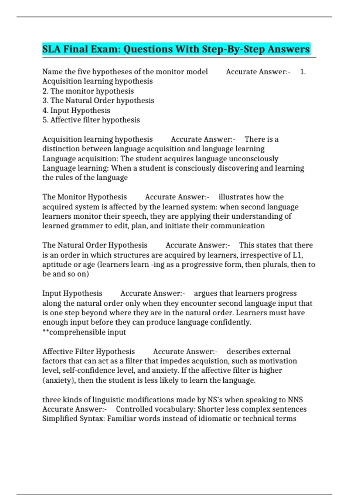 SLA Final Exam: Questions With Step-By-Step Answers - SLA - Stuvia US