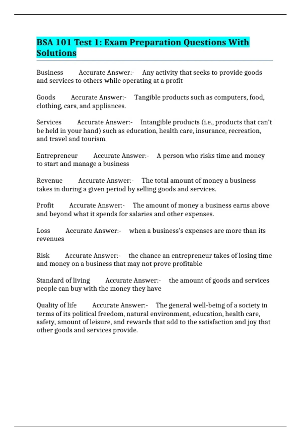 BSA 101 Test 1: Exam Preparation Questions With Solutions - BSA - Stuvia US