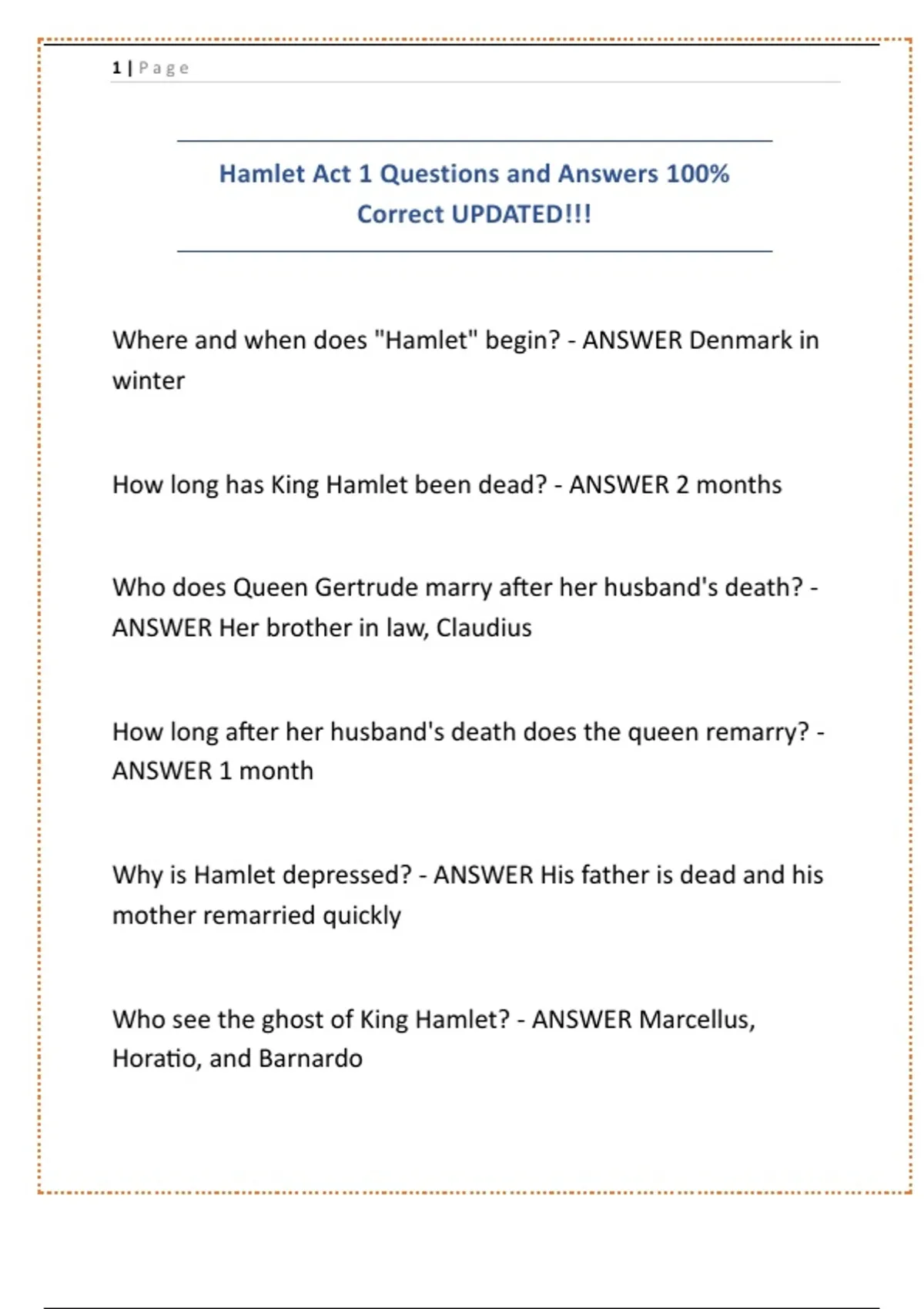 Hamlet Act 1 Questions and Answers 100% Correct UPDATED!!! - Act ...