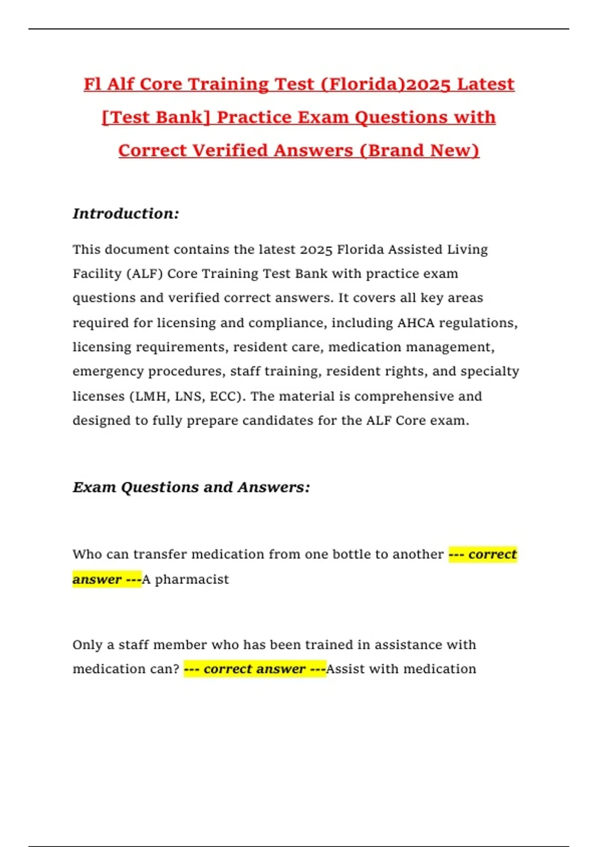 Fl Alf Core Training Test (Florida)2025 Latest [Test Bank] Practice ...
