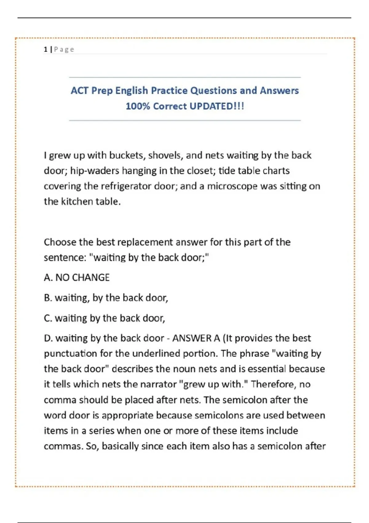 ACT Prep English Practice Questions and Answers 100% Correct UPDATED ...