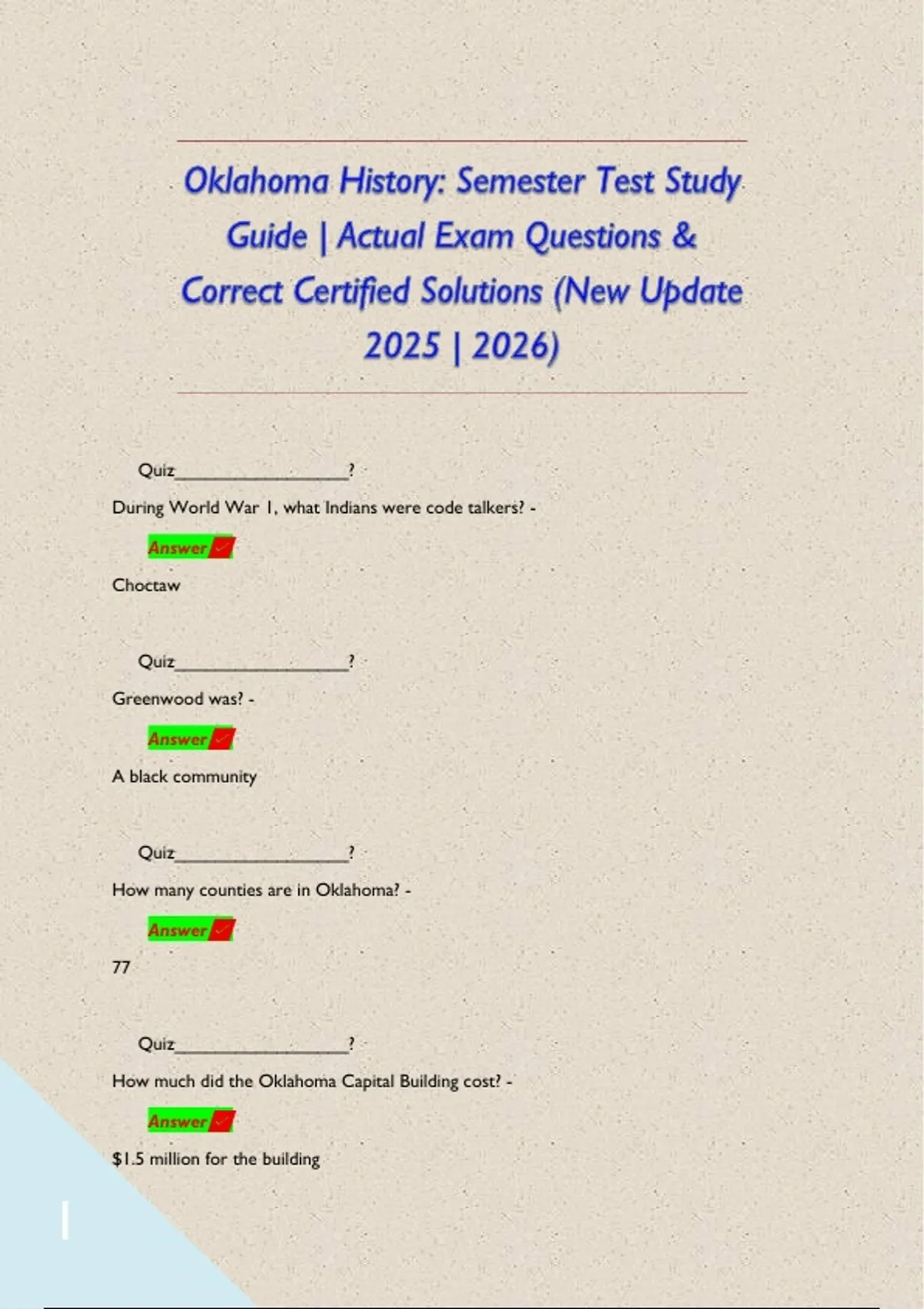 Oklahoma History: Semester Test Study Guide | Actual Exam Questions ...