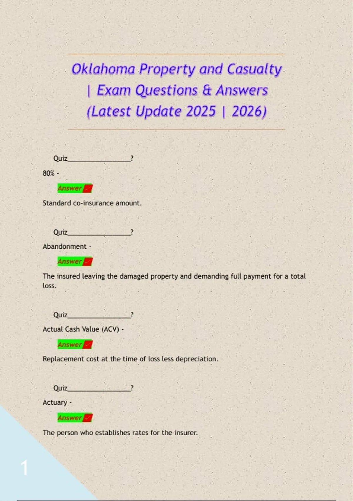 Oklahoma Property and Casualty | Exam Questions & Answers (Latest ...