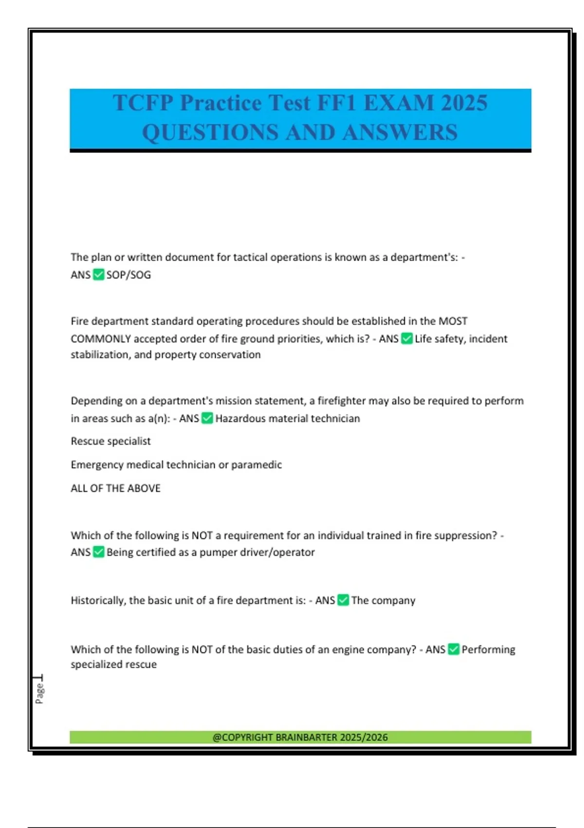 TCFP Practice Test FF1 EXAM 2025 QUESTIONS AND ANSWERS - TCFP - Stuvia US