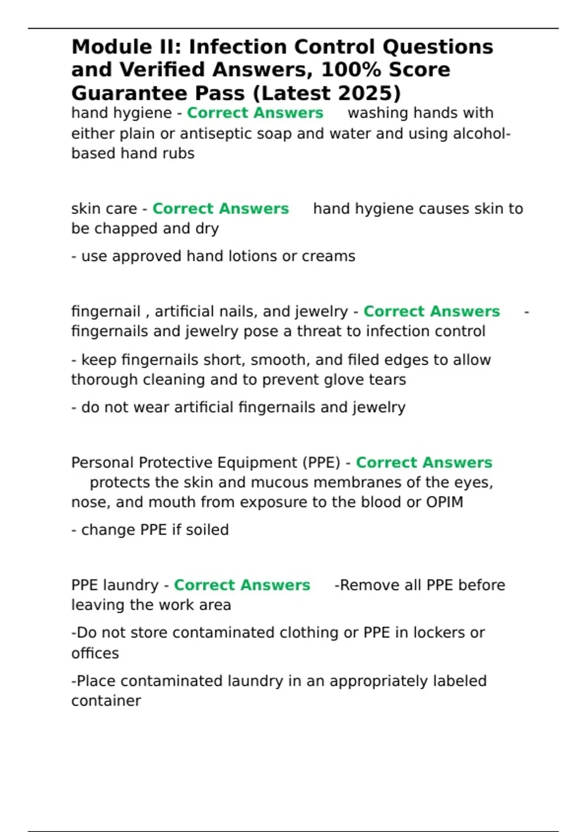 Summary Module II Infection Control Questions and Verified Answers, 100 ...