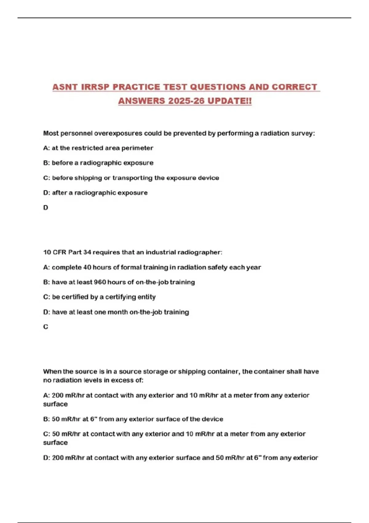 ASNT IRRSP PRACTICE TEST QUESTIONS AND CORRECT ANSWERS 2025-26 UPDATE ...