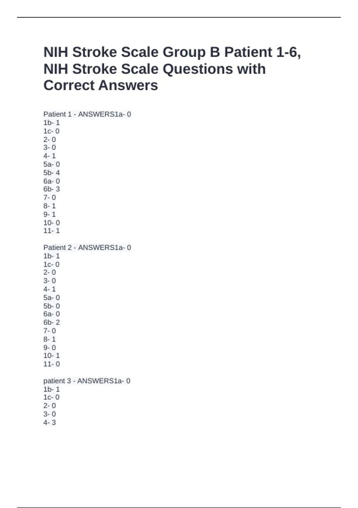 NIH Stroke Scale Group B Patient 1-6, NIH Stroke Scale Questions with ...