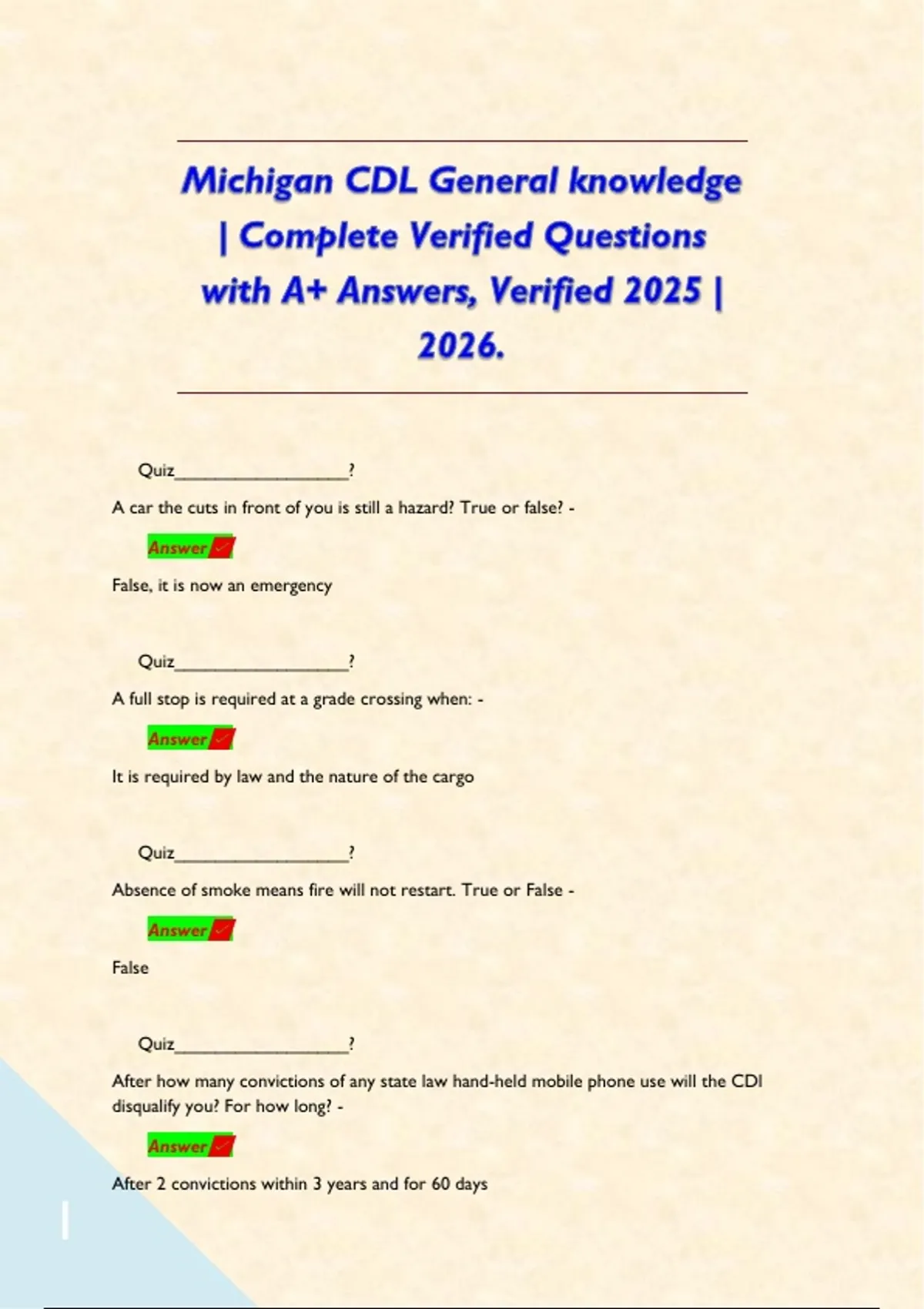 Michigan CDL General knowledge | Complete Verified Questions with A+ ...