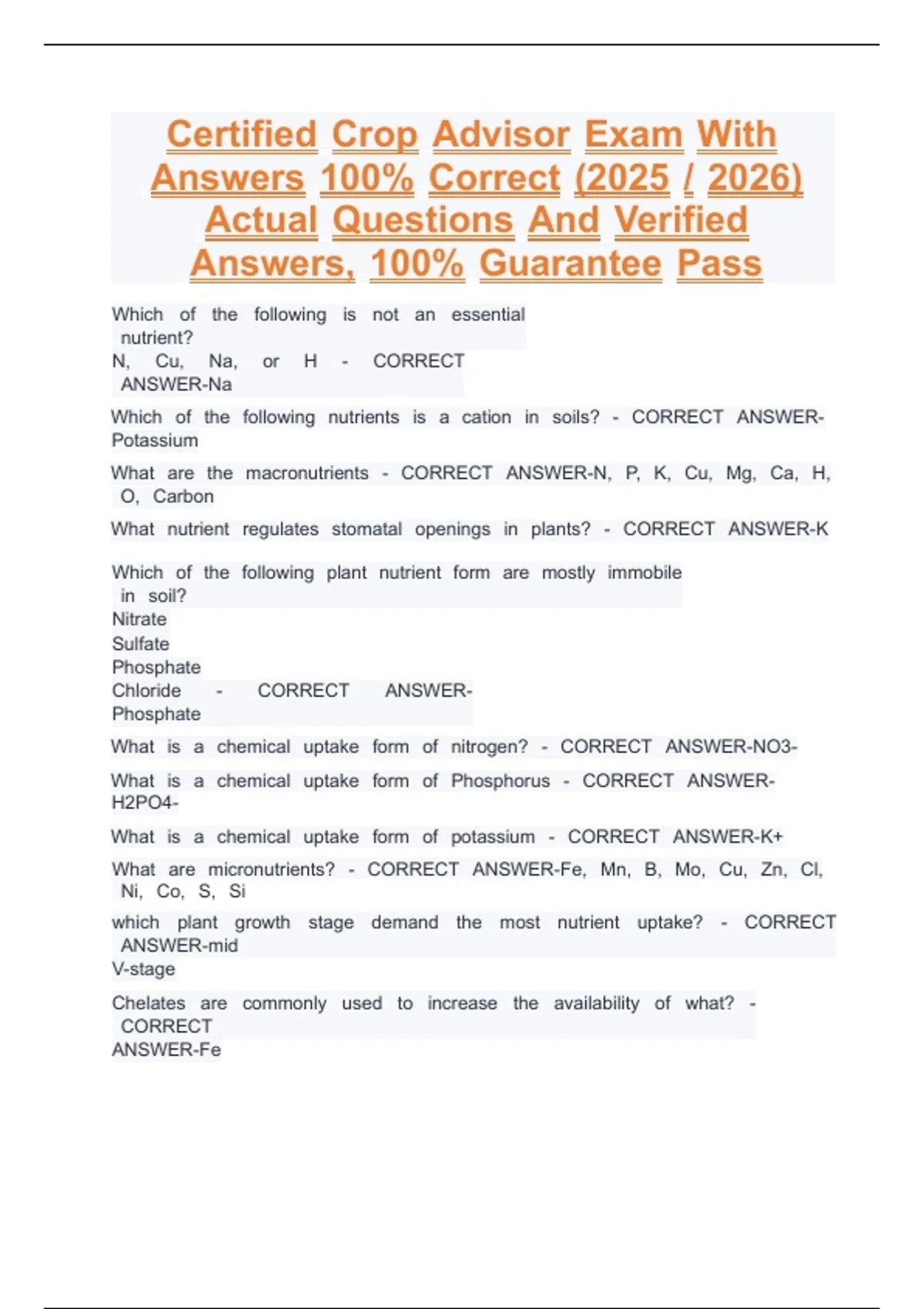Certified Crop Advisor Exam With Answers 100% Correct (2025 / 2026 ...