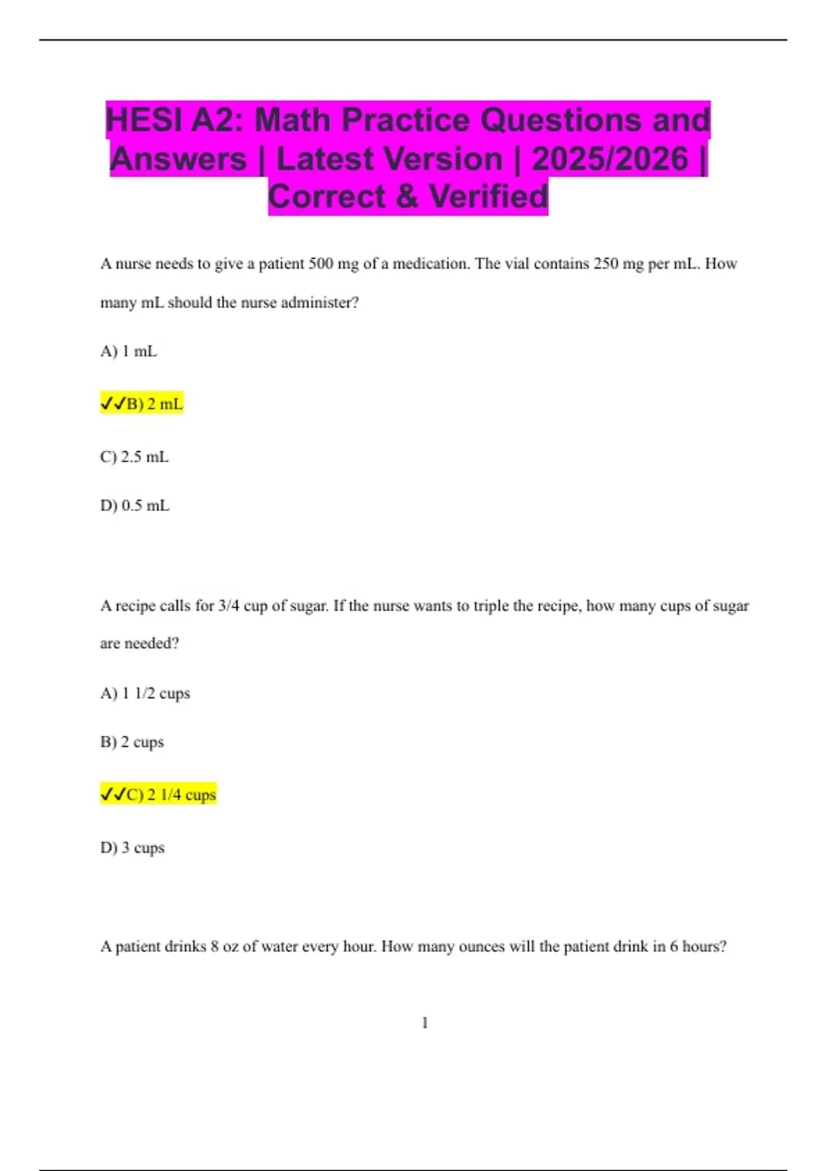 HESI A2: Math Practice Questions and Answers | Latest Version | 2025/ ...