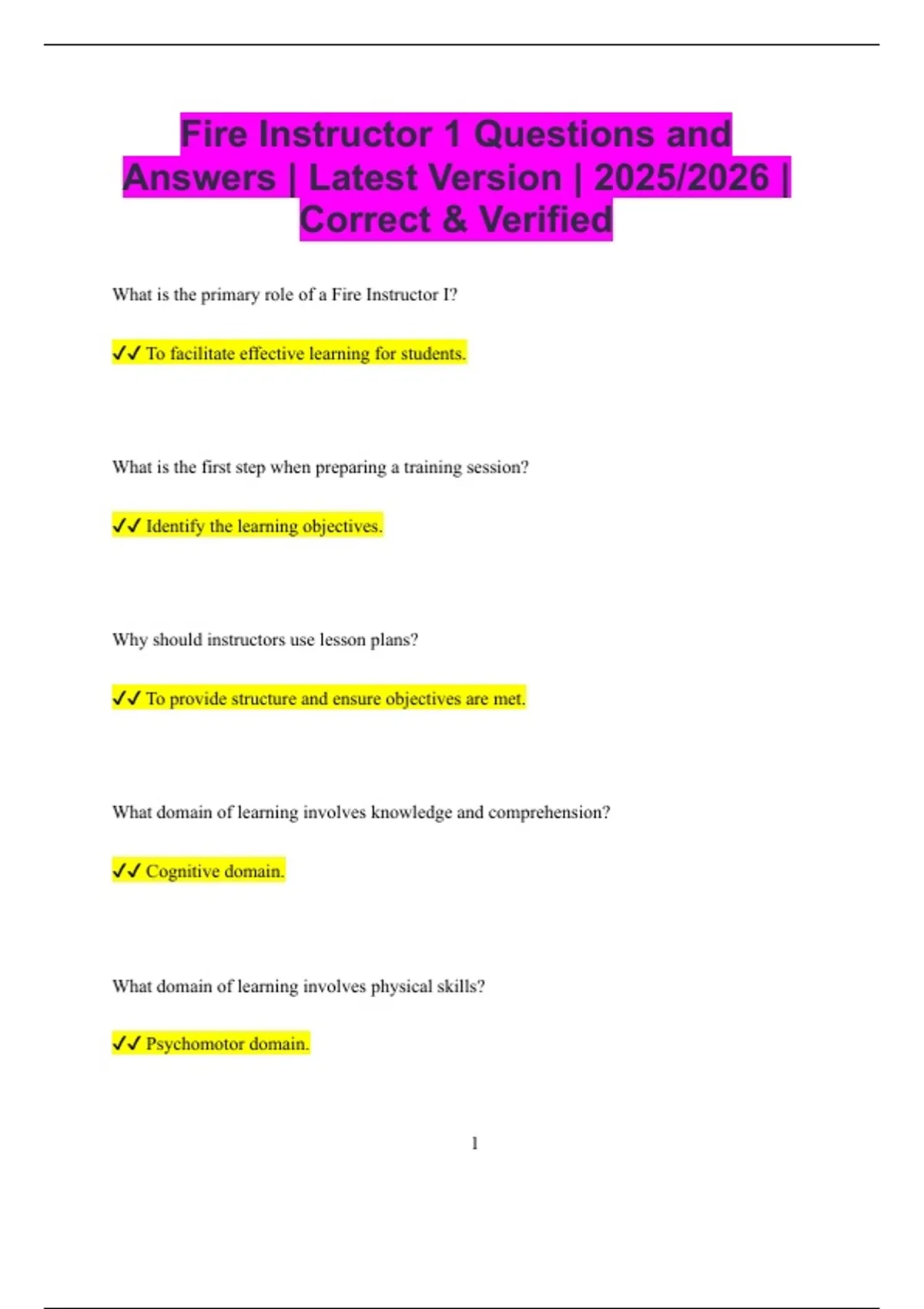 Fire Instructor 1 Questions and Answers | Latest Version | 2025/2026 ...