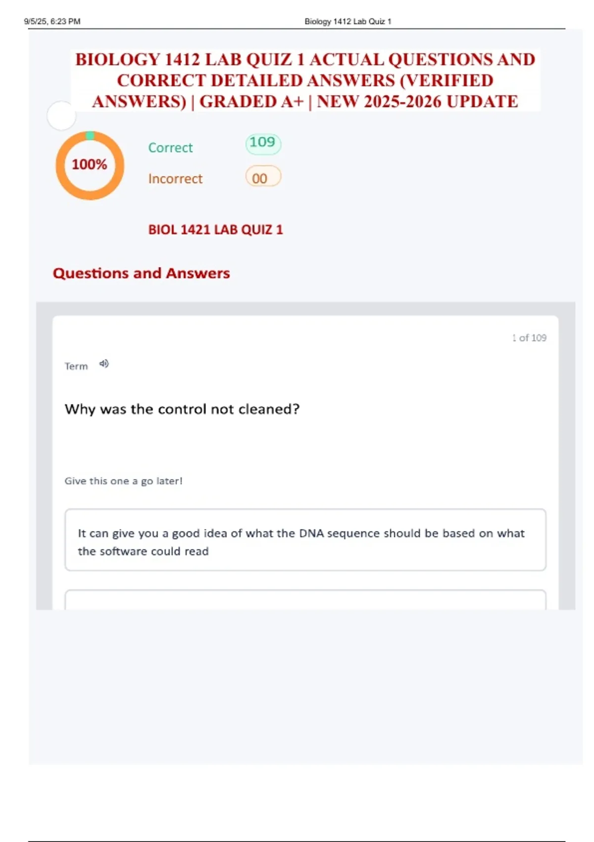 BIOLOGY 1412 LAB QUIZ 1 ACTUAL QUESTIONS AND CORRECT DETAILED ANSWERS ...