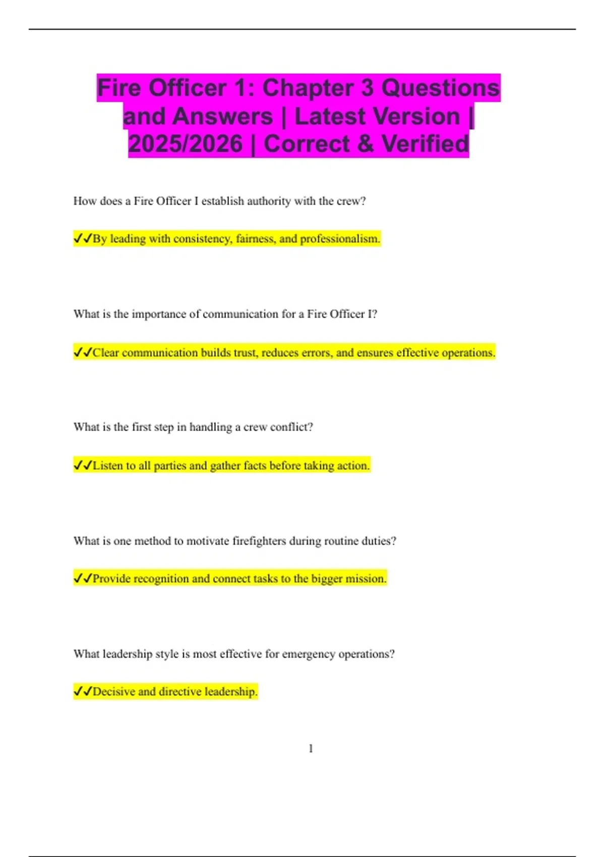 Fire Officer 1: Chapter 3 Questions and Answers | Latest Version | 2025 ...