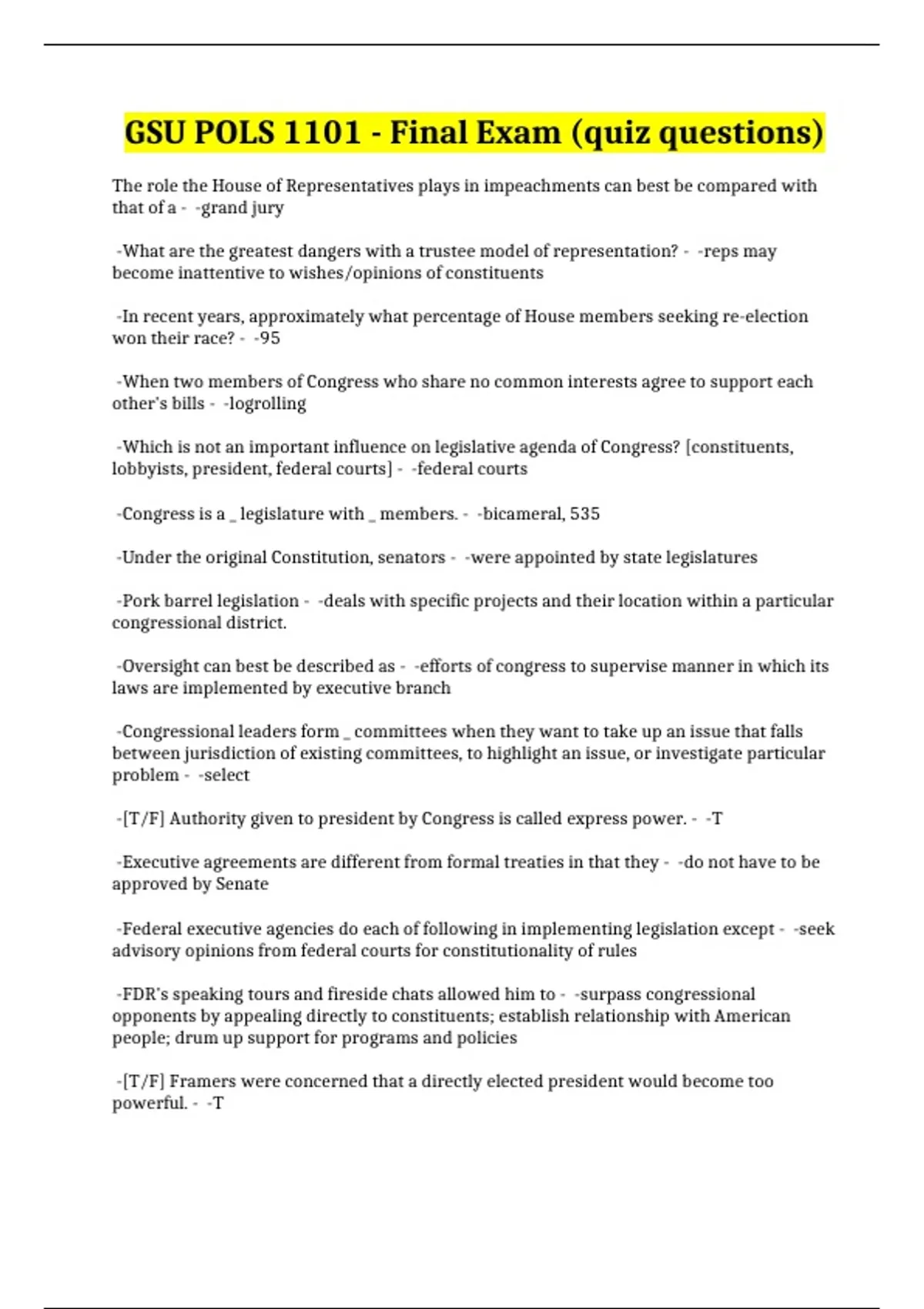 GSU POLS 1101 - Final Exam (quiz questions) - GSU POLS 1101 - Final ...