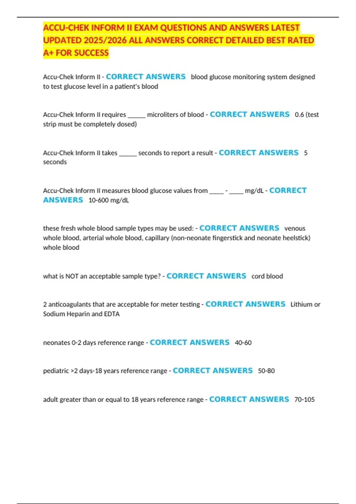 ACCU-CHEK INFORM II EXAM QUESTIONS AND ANSWERS LATEST UPDATED 2025/2026 ...