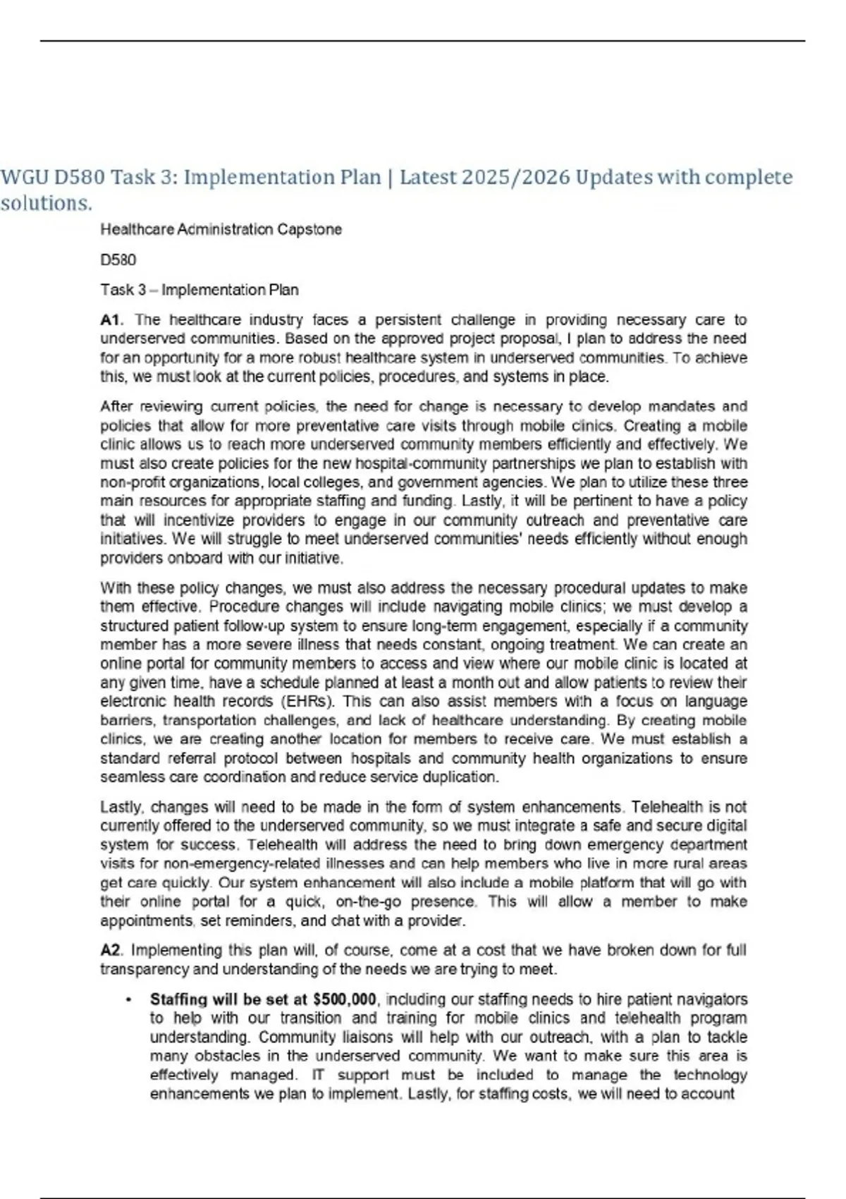 WGU D580 Task 3: Implementation Plan | Latest 2025/2026 Updates with ...