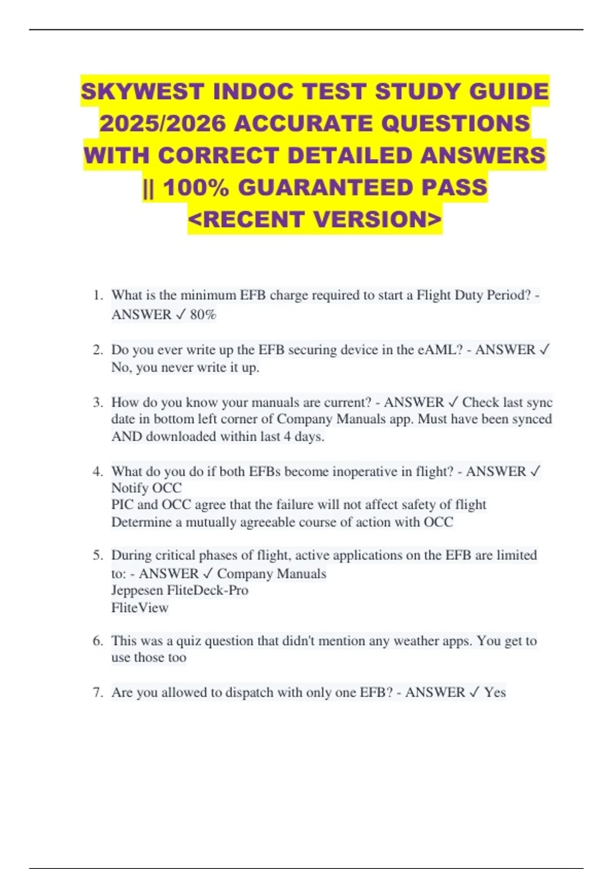 SKYWEST INDOC TEST STUDY GUIDE 2025/2026 ACCURATE QUESTIONS WITH ...