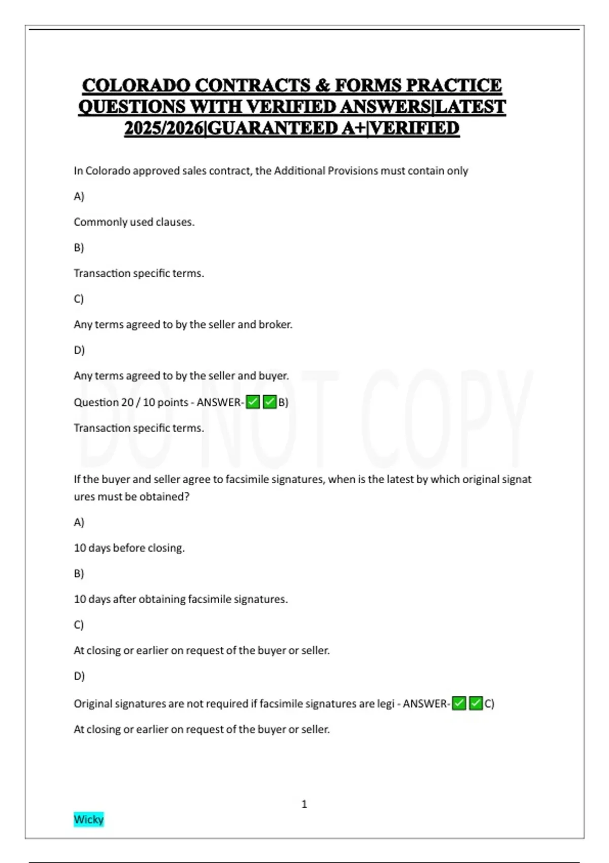 COLORADO CONTRACTS & FORMS PRACTICE QUESTIONS WITH VERIFIED ANSWERS ...