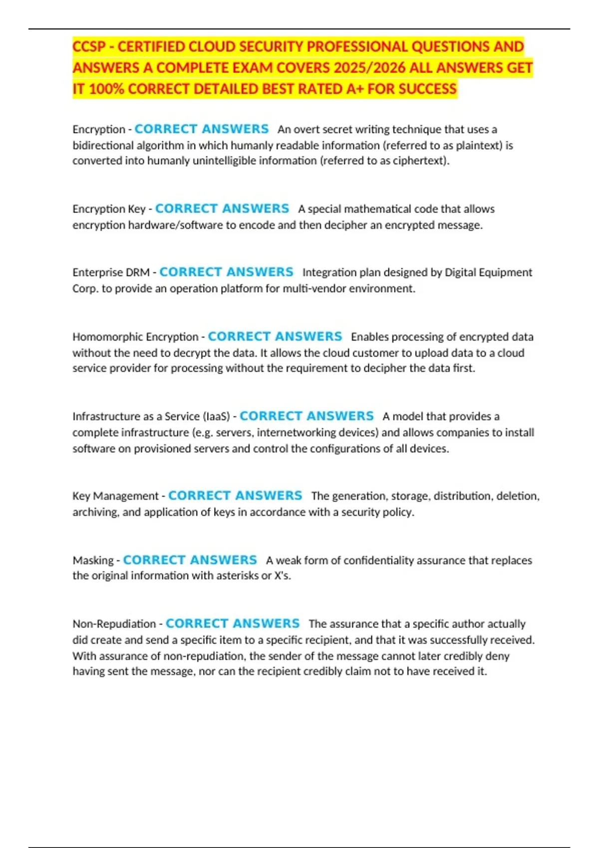 CCSP - CERTIFIED CLOUD SECURITY PROFESSIONAL QUESTIONS AND ANSWERS A COMPLETE EXAM COVERS 2025/ ...