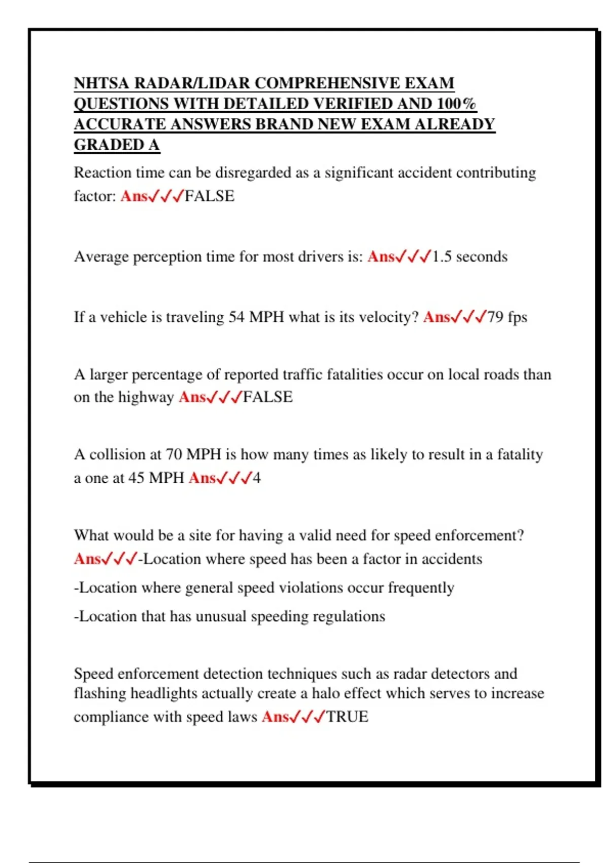 NHTSA RADAR/LIDAR COMPREHENSIVE EXAM QUESTIONS WITH DETAILED VERIFIED ...