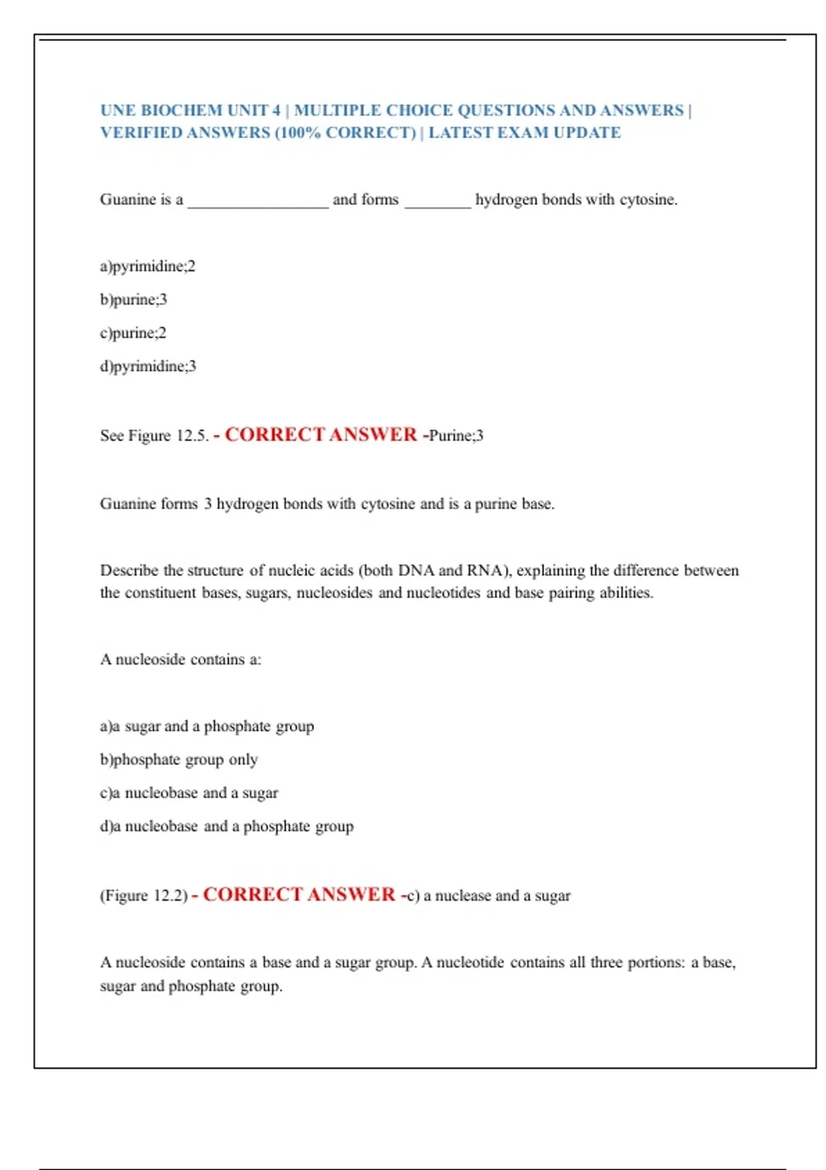 UNE BIOCHEM UNIT 4 | MULTIPLE CHOICE QUESTIONS AND ANSWERS | VERIFIED ...