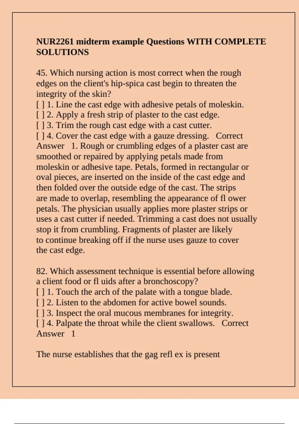 NUR2261 midterm example Questions WITH COMPLETE SOLUTIONS - NUR 2261 - Stuvia US