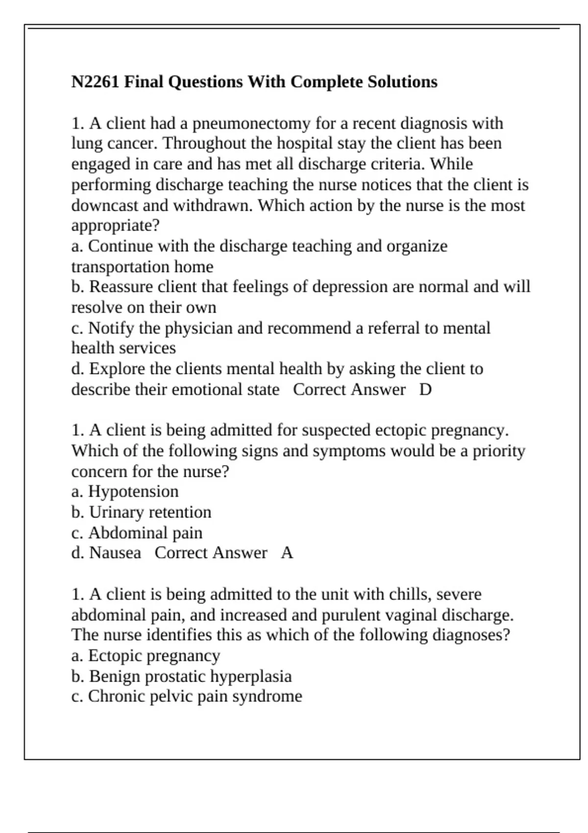 N2261 Final Questions With Complete Solutions - N2261 - Stuvia US