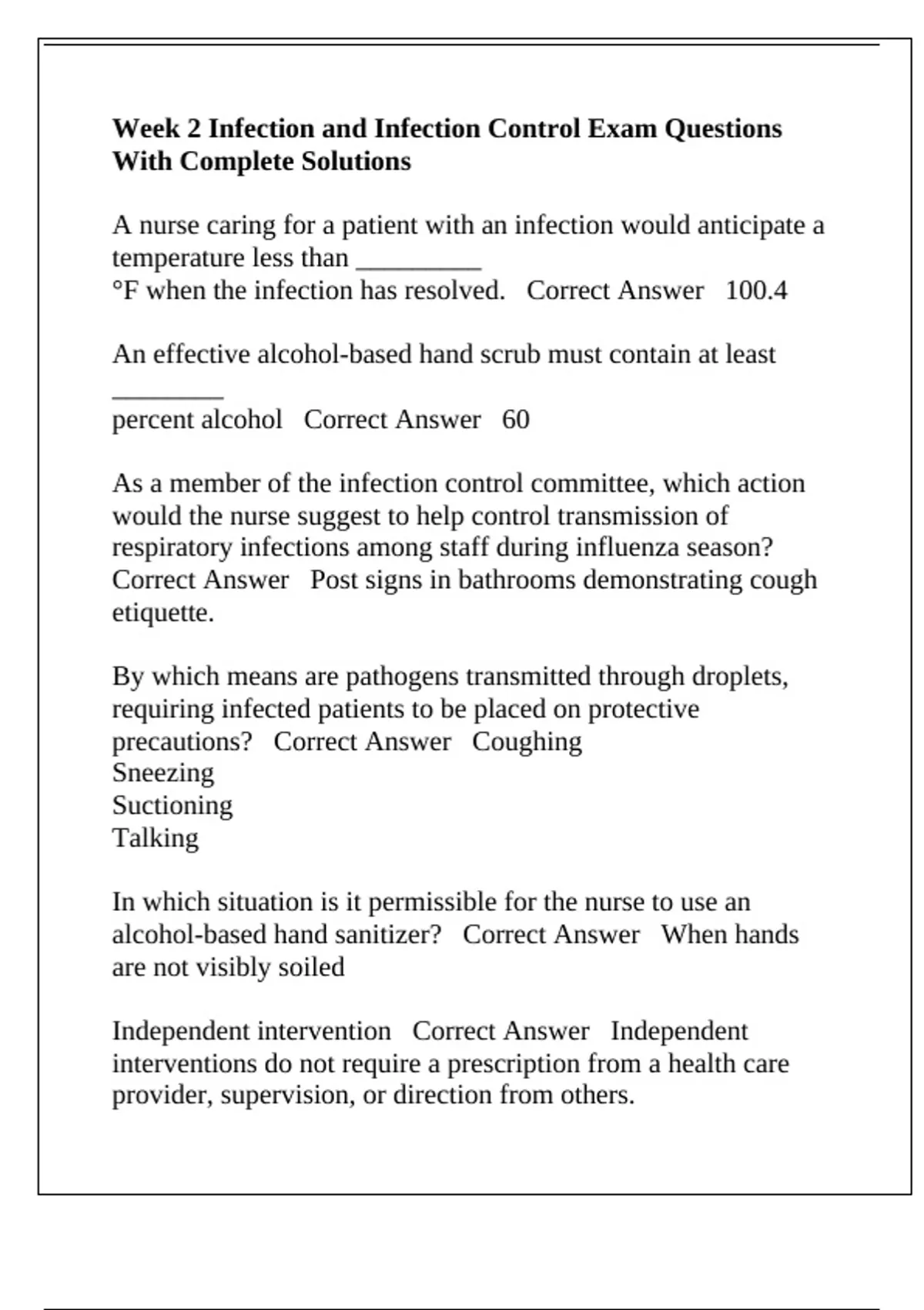 Week 2 Infection and Infection Control Exam Questions With Complete ...