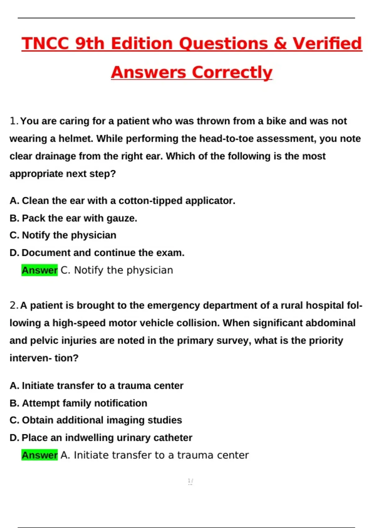 TNCC 9th Edition Latest 2025 Actual Questions and Verified Answers ...