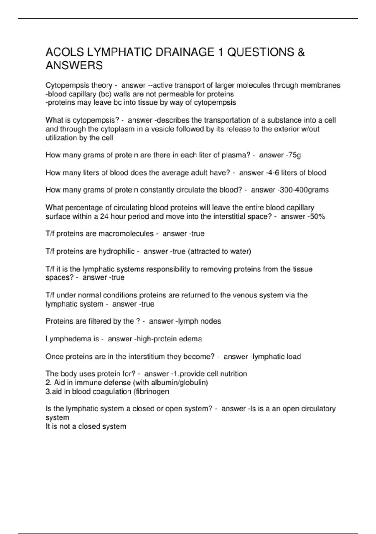 ACOLS LYMPHATIC DRAINAGE 1 QUESTIONS & ANSWERS - ACOLS MLD - Stuvia US