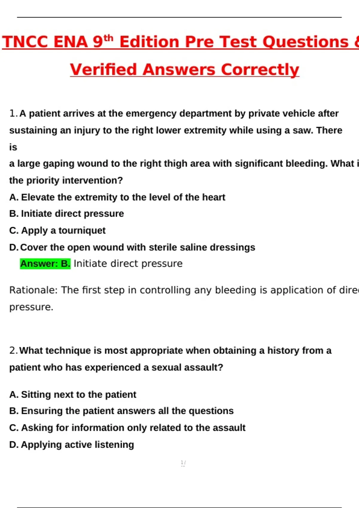 TNCC ENA 9th Edition Pre Test Latest 2025 Actual Questions and Verified ...