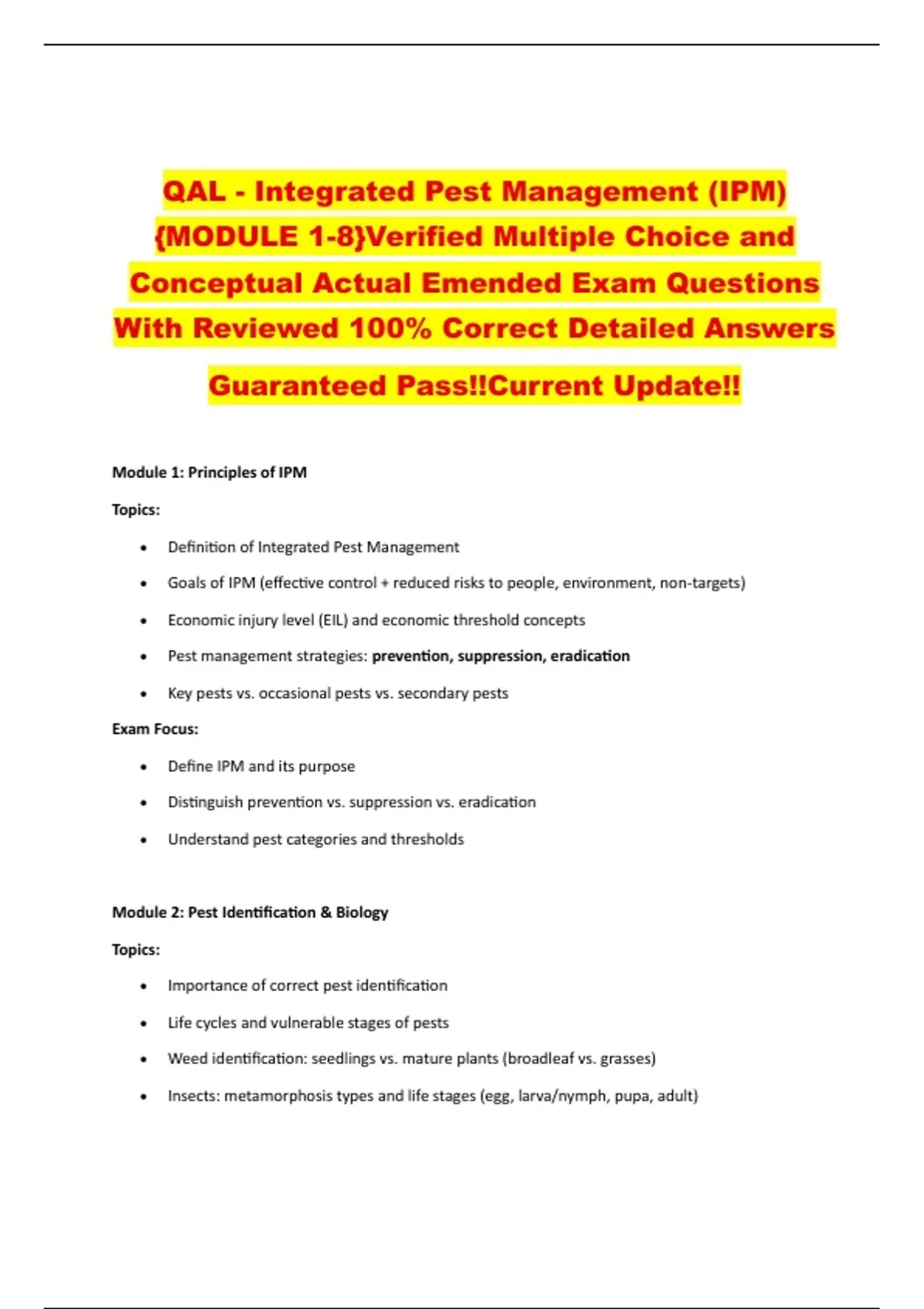 QAL - Integrated Pest Management (IPM) {MODULE 1-8}Verified Multiple Choice and Conceptual ...