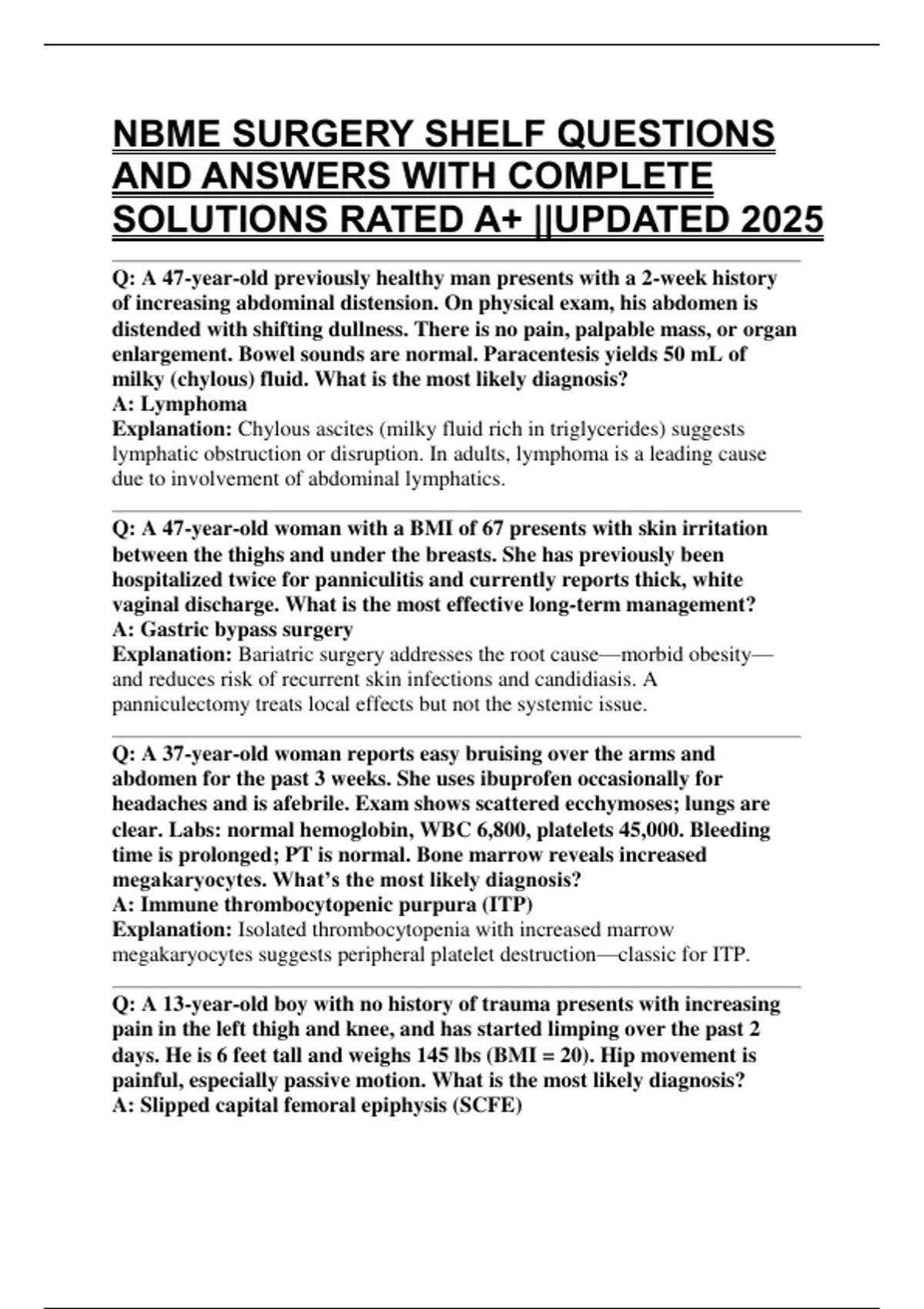NBME SURGERY SHELF QUESTIONS AND ANSWERS WITH COMPLETE SOLUTIONS RATED ...