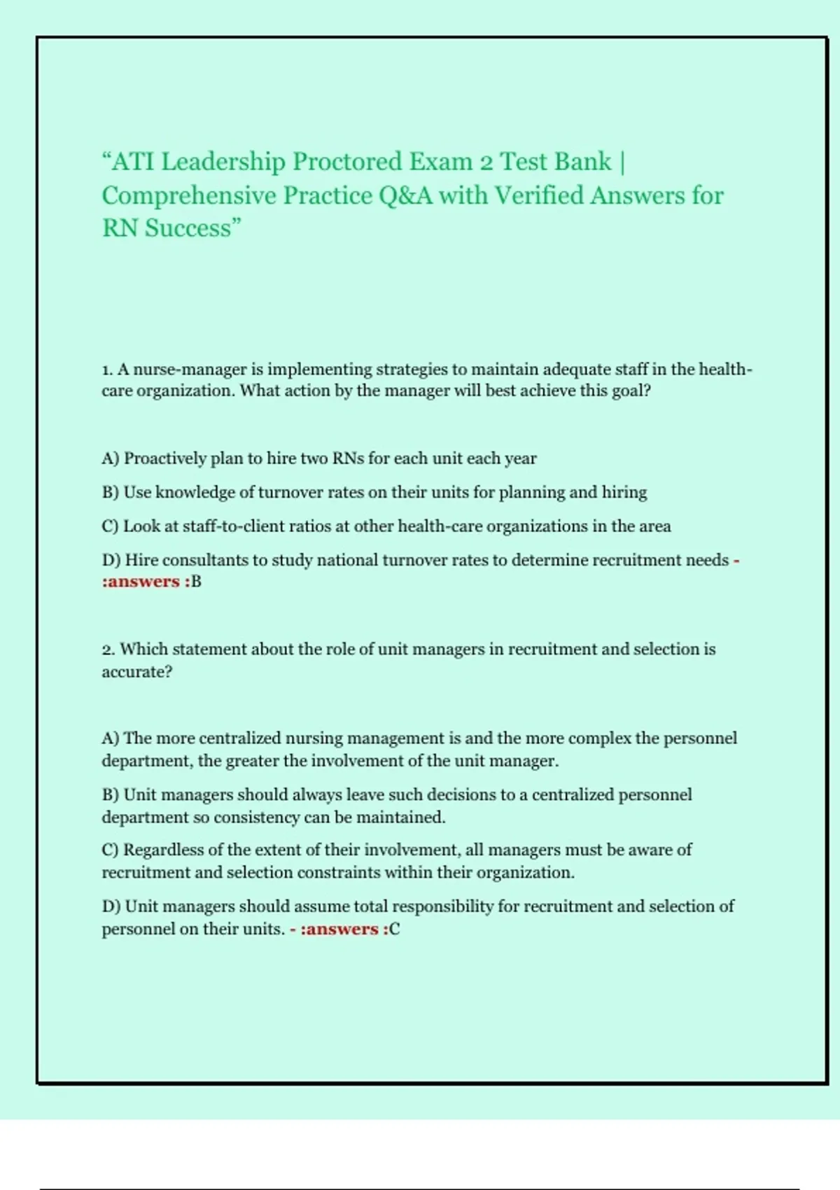 “ATI Leadership Proctored Exam 2 Test Bank | Comprehensive Practice Q&A ...