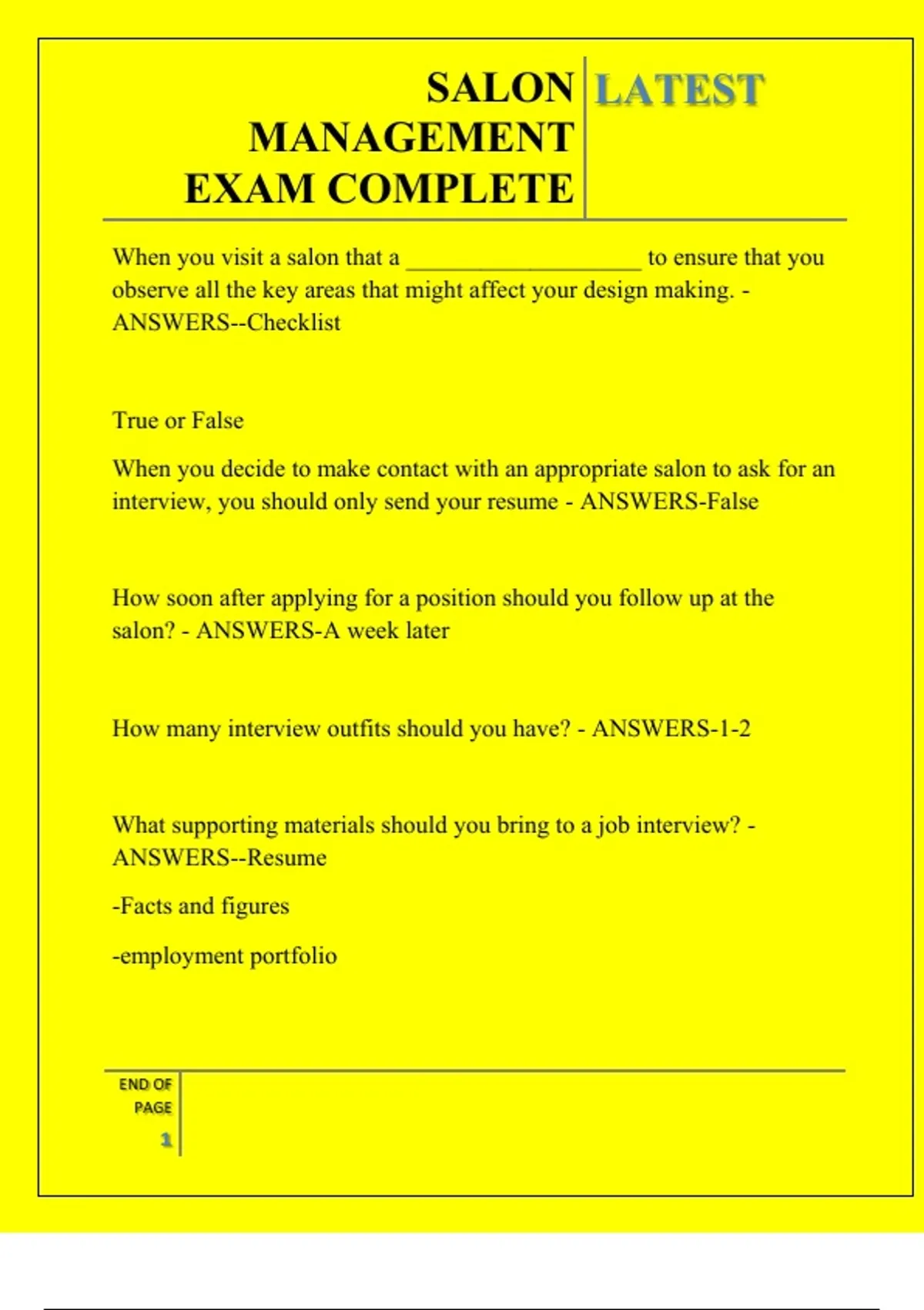 SALON MANAGEMENT EXAM COMPLETE QUESTIONS AND ANSWERS 2025 - SALON ...