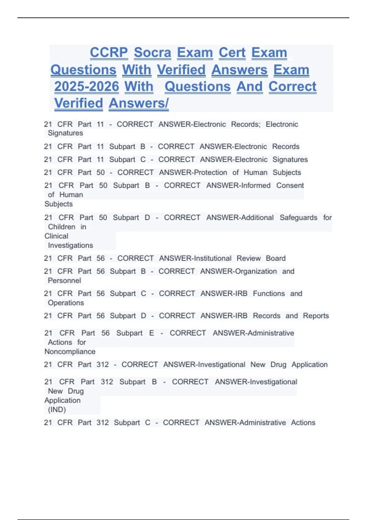 CCRP Socra Exam Cert Exam Questions With Verified Answers Exam With ...