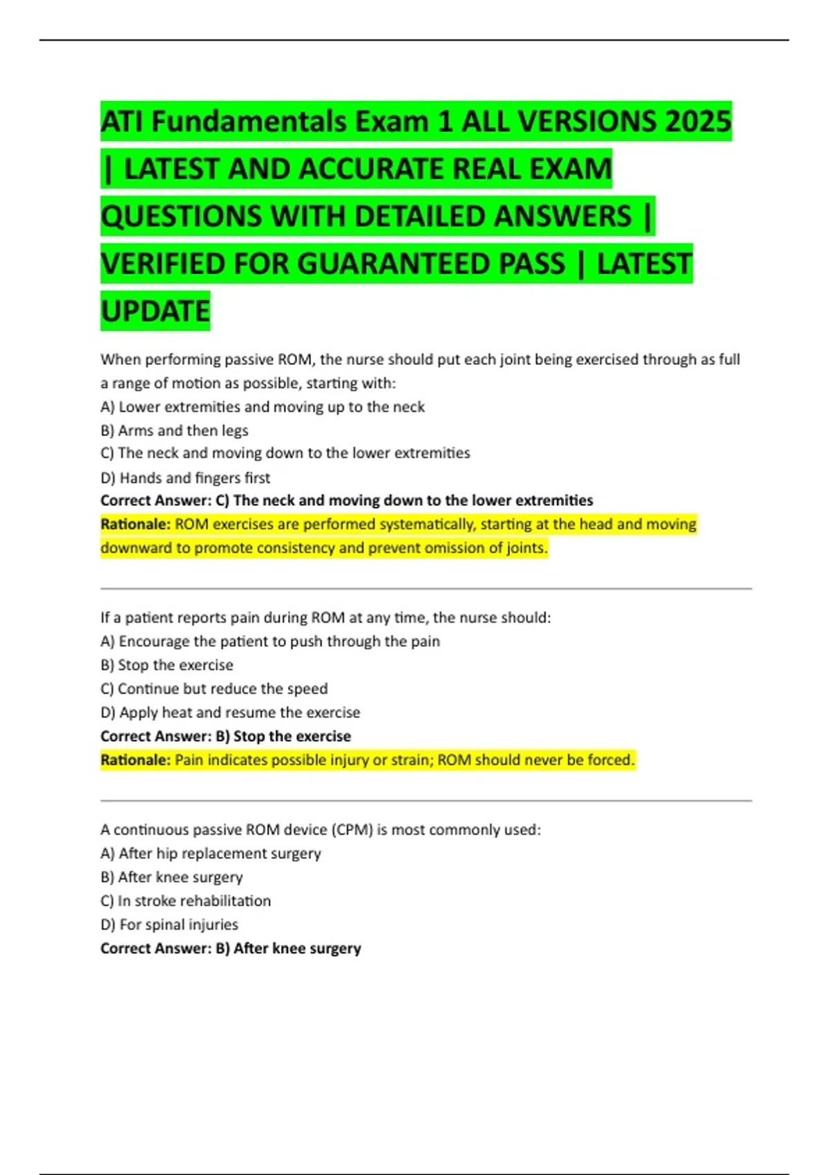 ATI Fundamentals Exam 1 ALL VERSIONS 2025 | LATEST AND ACCURATE REAL ...