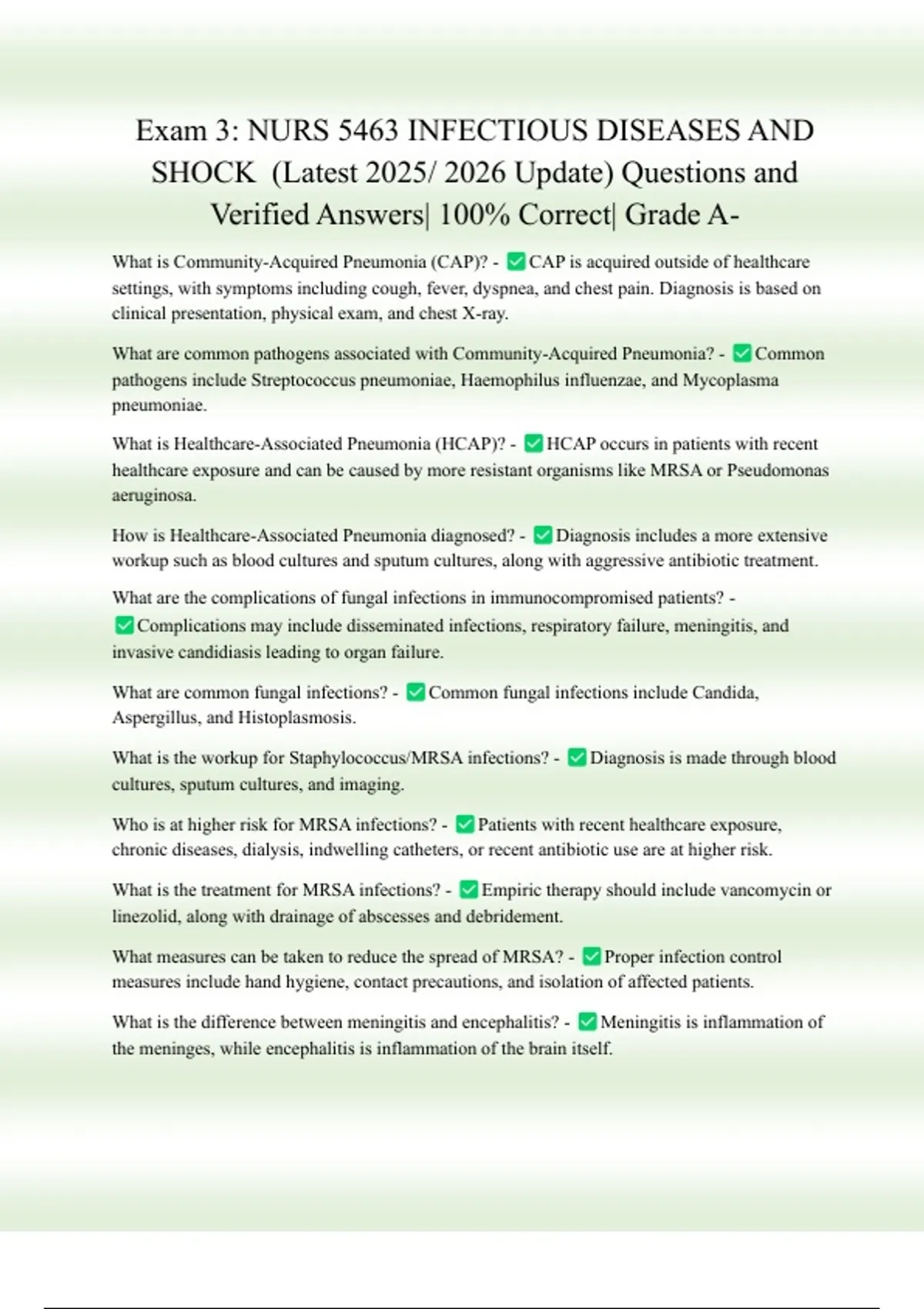 Exam 3: NURS 5463 INFECTIOUS DISEASES AND SHOCK (Latest 2025/ 2026 ...