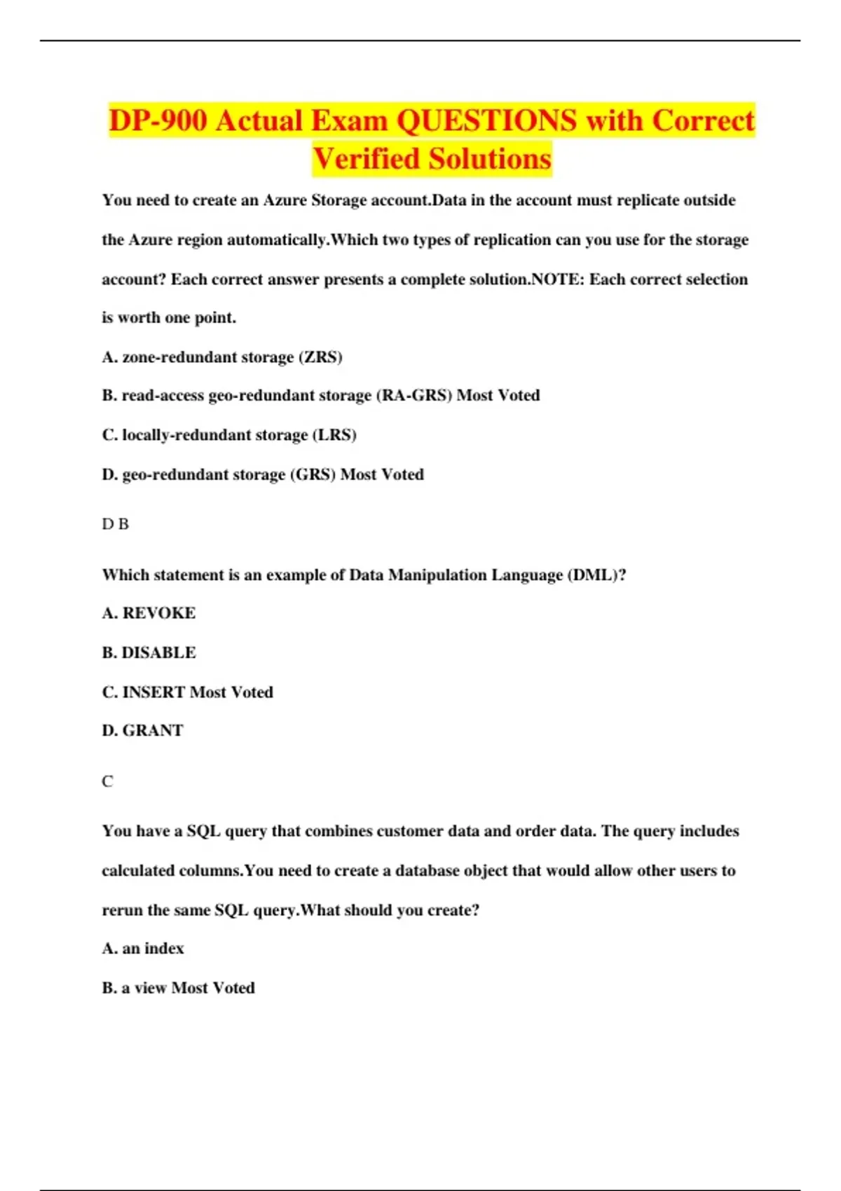DP-900 Actual Exam QUESTIONS with Correct Verified Solutions - DP-900 ...