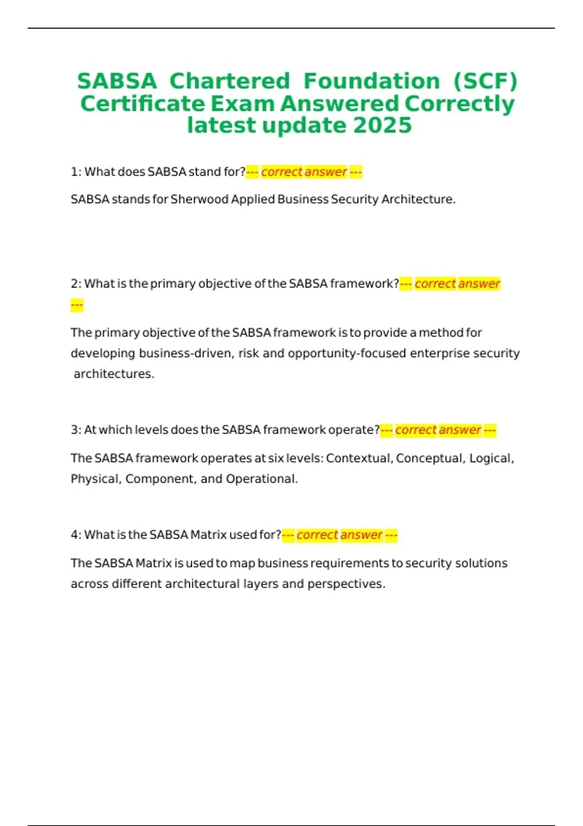 SABSA Chartered Foundation (SCF) Certificate Exam Answered Correctly ...