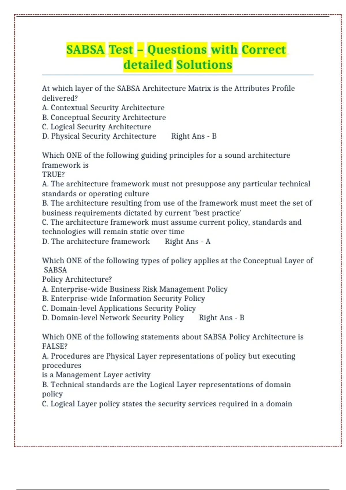 SABSA Test – Questions with Correct detailed Solutions - SABSA - Stuvia US