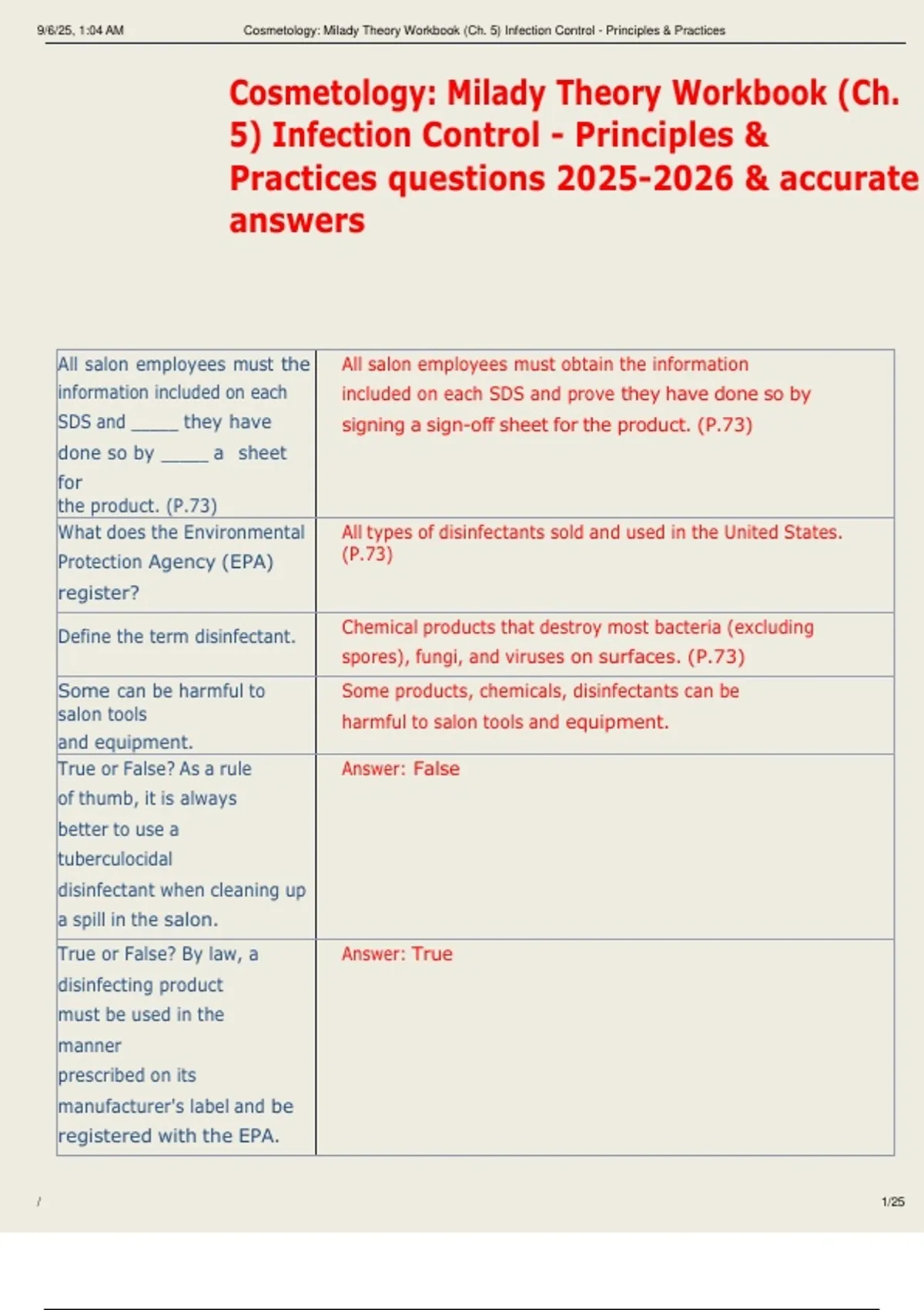 Cosmetology: Milady Theory Workbook (Ch. 5) Infection Control ...