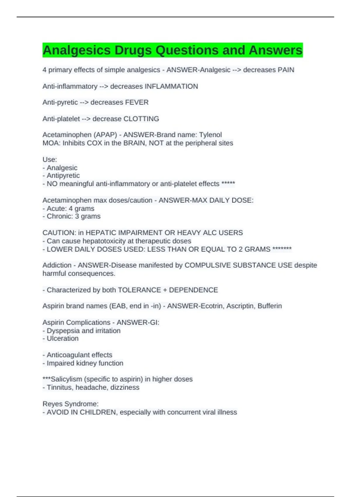 Analgesics Drugs Questions and Answers - Analgesics Drugs - Stuvia US