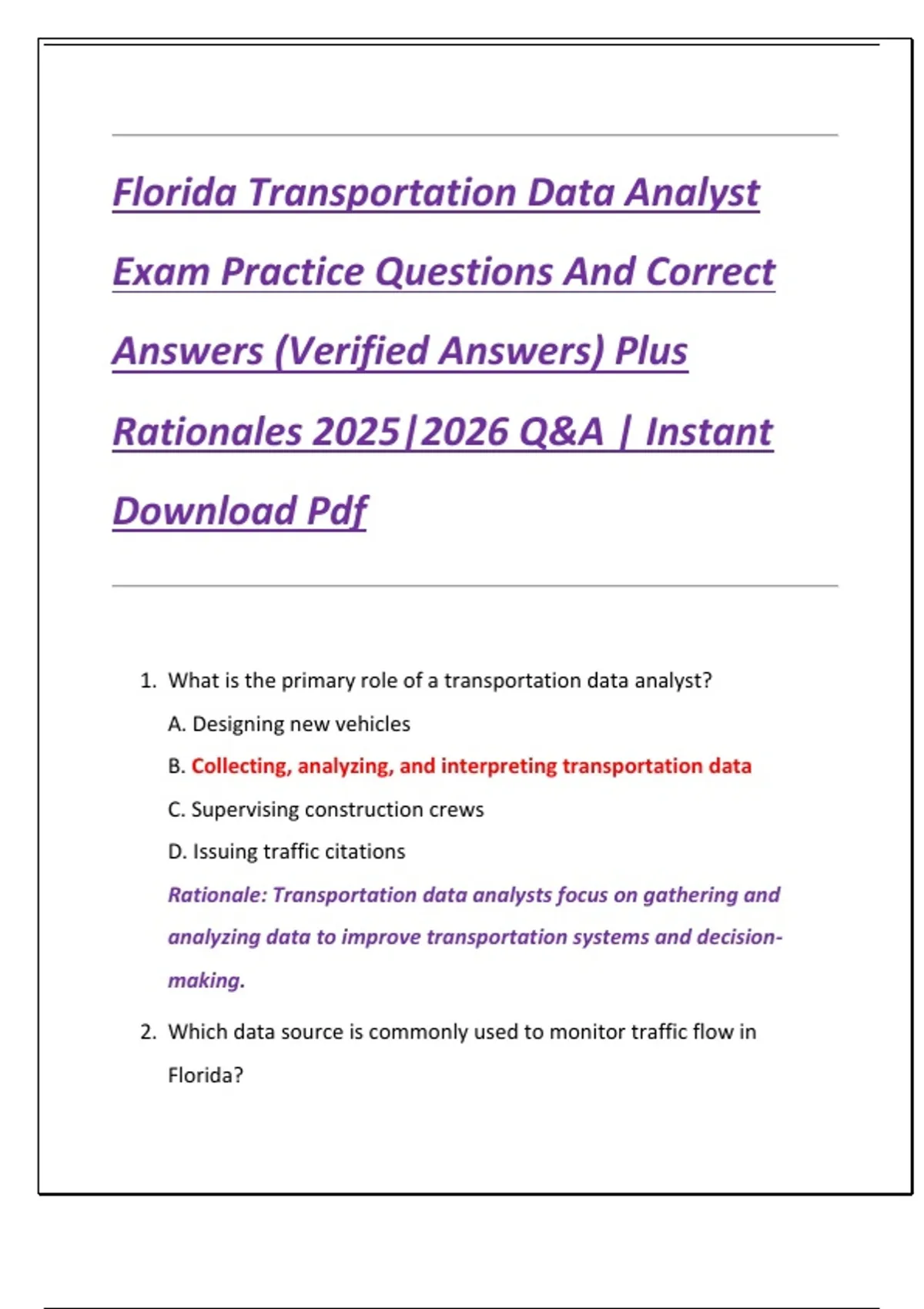 Florida Transportation Data Analyst Exam Practice Questions And Correct ...