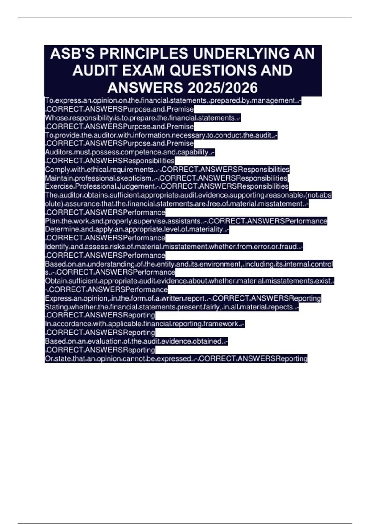 ASB'S PRINCIPLES UNDERLYING AN AUDIT EXAM QUESTIONS AND ANSWERS 2025/ ...