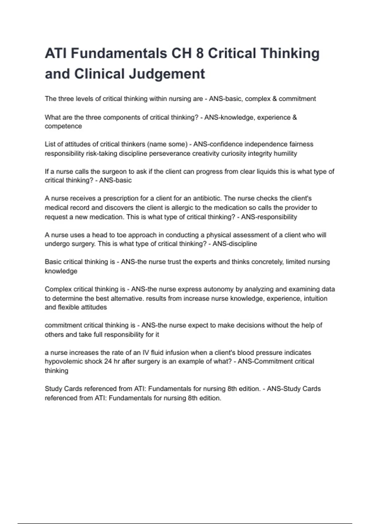 ATI Fundamentals CH 8 Critical Thinking and Clinical Judgement ...