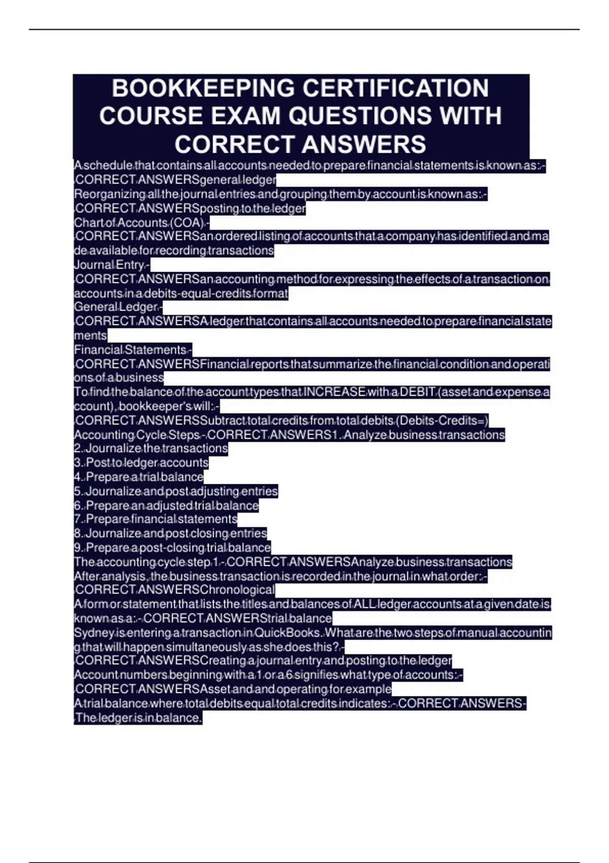 BOOKKEEPING CERTIFICATION COURSE EXAM QUESTIONS WITH CORRECT ANSWERS ...