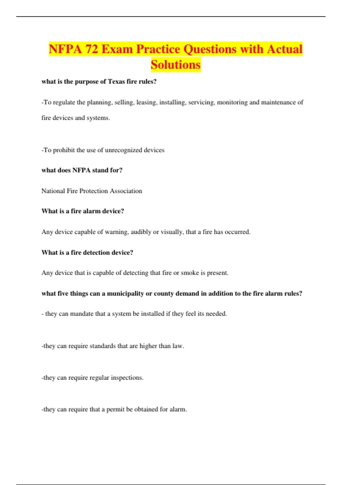 NFPA 72 Exam Practice Questions with Actual Solutions - NFPA 72 - Stuvia US